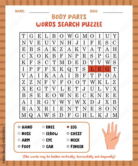 Word Search Game Body Parts Word Search Puzzle Worksheet For Learning