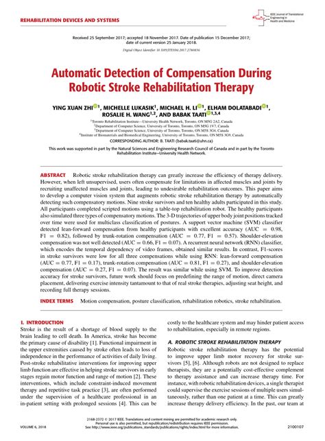 Pdf Automatic Detection Of Compensation During Robotic Stroke Rehabilitation Therapy