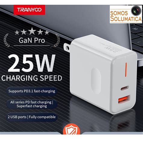 ️ Cargador Carga Rapida 25w Dual Usb Y Tipo C Tranyoo Solumatica