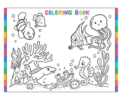 바다 물고기와 산호를 색칠하는 수중 색칠 공부 시리즈 프리미엄 벡터