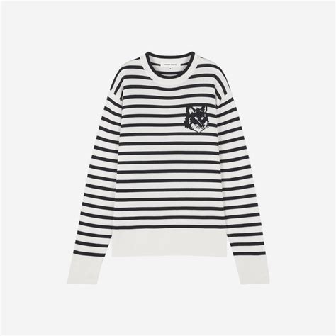 메종 키츠네 폭스 헤드 인타르시아 컴포트 스트라이프 점퍼 딥 네이비 오프화이트 스트라이프 Maison Kitsune Kream
