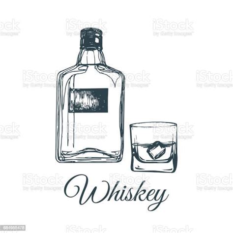 손으로 스케치 위스키 병 및 유리입니다 스카치의 벡터 일러스트 레이 션을 설정합니다 빈티지 알콜 음료 메뉴 디자인 개념에 대 한 바 레스토랑 등 버번 위스키에 대한 스톡
