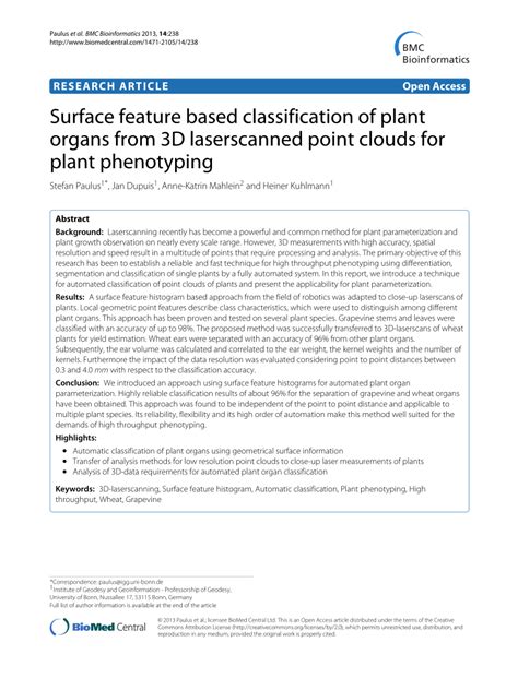 Pdf Surface Feature Based Classification Of Plant Organs From 3d