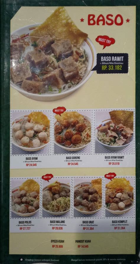 Menu At Mister Baso Restaurant Jakarta Tamini Square
