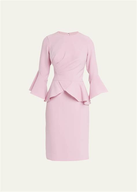 Rickie Freeman For Teri Jon Pleated Bell Sleeve Peplum Midi Dress