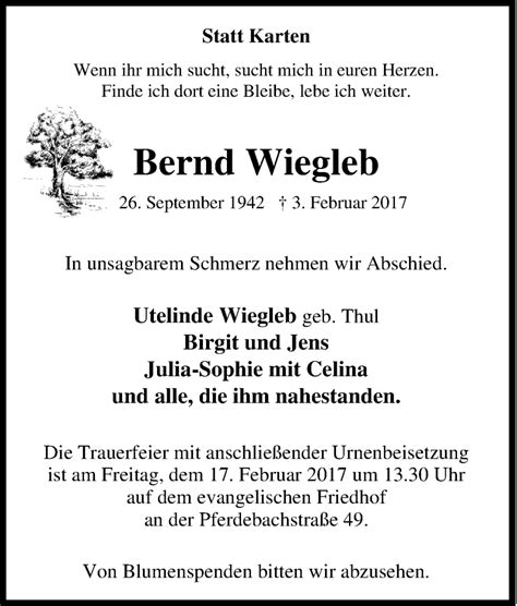 Traueranzeigen Von Bernd Wiegleb Trauer In Nrw De