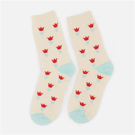 Bas Crème Et Turquoise Avec Tulipes Rouges Bizou