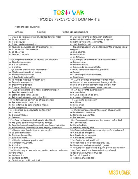 Test VAK ESTILOS DE APRENDIZAJE Test VAK TIPOS DE PERCEPCIN