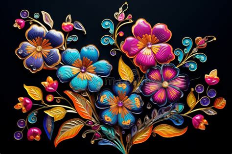 Geometric Fantasy 3d Render Abstract Flowers In Vibrant Colors On Dark Background Stock