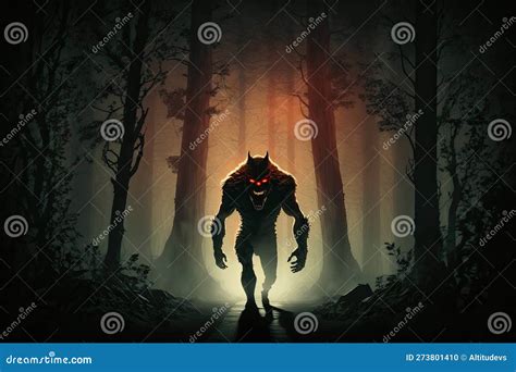 Scary Werewolf Stalking Its Prey In Dark Forest Stock Illustration