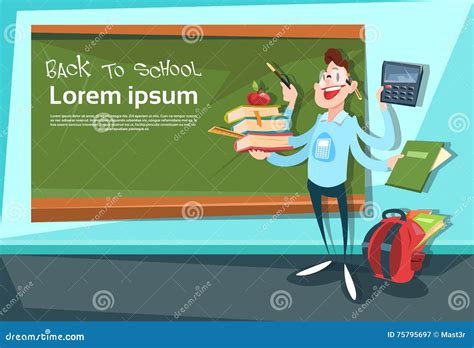 Teacher Over Class Board Classroom Woman With Book Lesson Flat Design