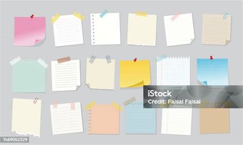 핀 푸시 핀 접착 테이프 및 압정이 있는 메모 용지 빈 시트 스티커 메모 찢어진 종이 조각과 노트북 페이지 벡터 그림 메모 메시지의 템플릿 0명에 대한 스톡 벡터 아트 및