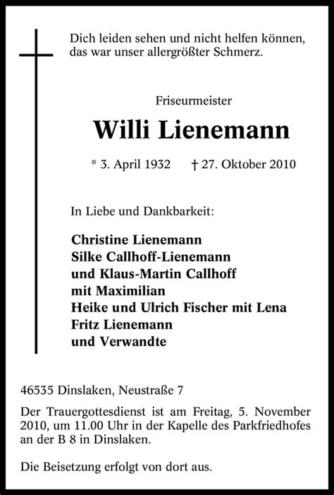 Traueranzeigen Von Willi Lienemann Trauer In Nrw De