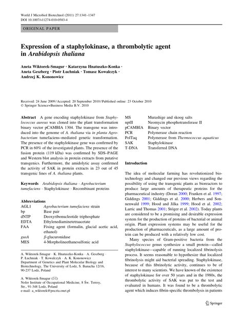 Pdf Expression Of A Staphylokinase A Thrombolytic Agent In Arabidopsis Thaliana