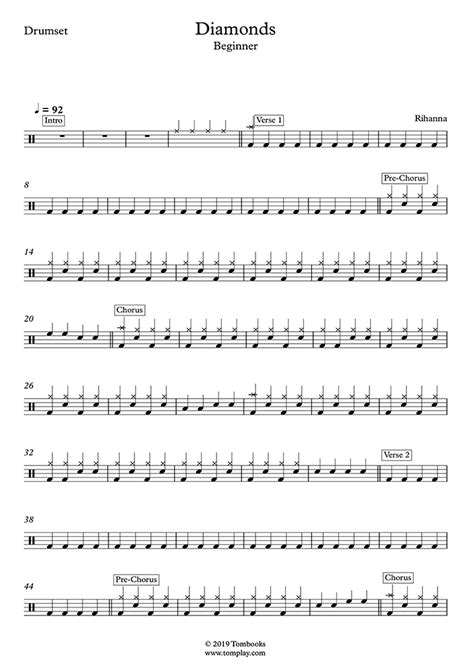 Diamonds Beginner Level Rihanna Drums Sheet Music