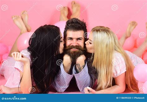 Alpha Male Concept Threesome Lay Near Balloons Happy Guy On Smiling