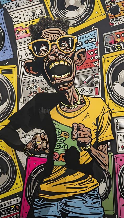 Hip Hop Enthusiast With Speaker Background And Vibrant Colors Stock