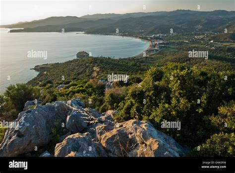 Aerial View Of A Beach At Small Greek Village Toroni At Sunset In