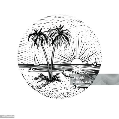 야자수와 석양 선 비치 풍경입니다 원형 엠 블 럼 카드 문신 또는 디자인 요소입니다 야자 나무 Arecales에 대한 스톡 벡터 아트 및 기타 이미지 야자 나무