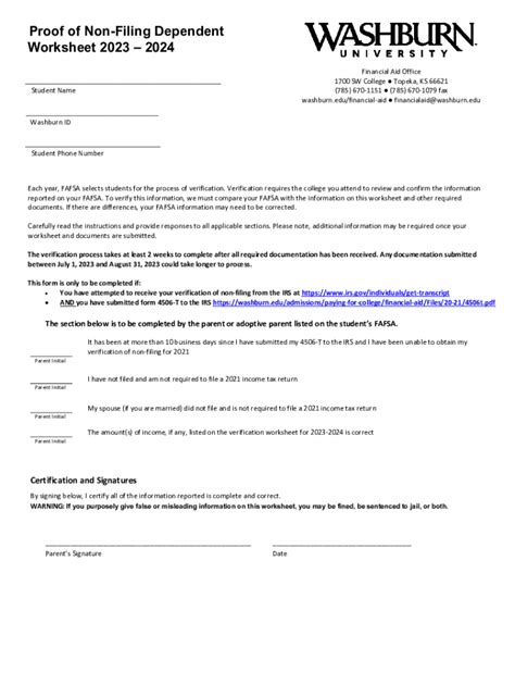 Fillable Online Proof Of Non Filing Dependent Worksheet 20232024 Fax