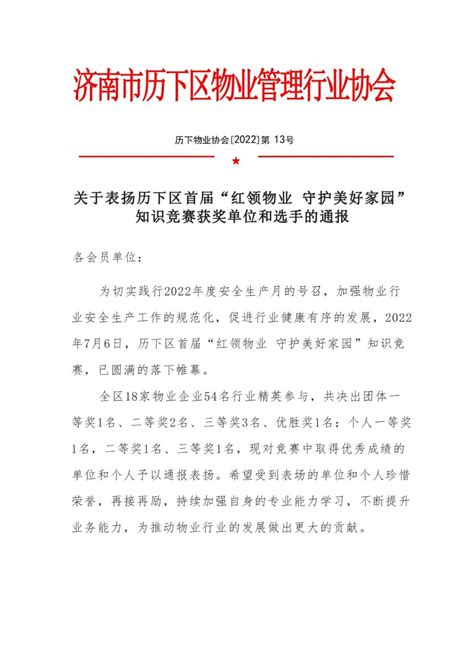 关于表扬历下区首届“红领物业 守护美好家园” 知识竞赛获奖单位和选手的通报 济南市历下区物业管理行业协会