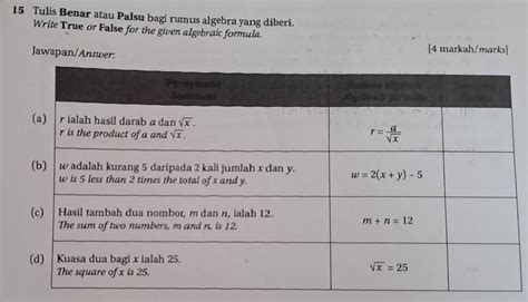Solved Tulis Benar Atau Palsu Bagi Rumus Algebra Yang Diberi Write