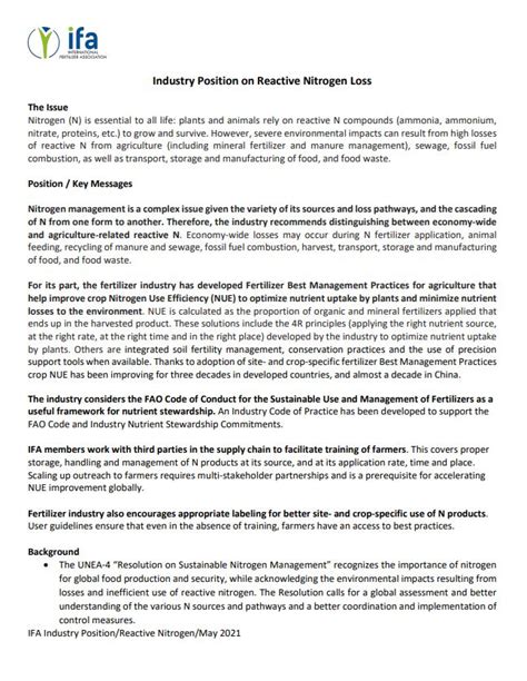 Industry Position Paper On Reactive Nitrogen Fertilizer
