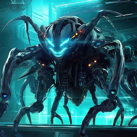 Premium Ai Image A Large Robot Spider With Blue Eyes And A Blue Light On It