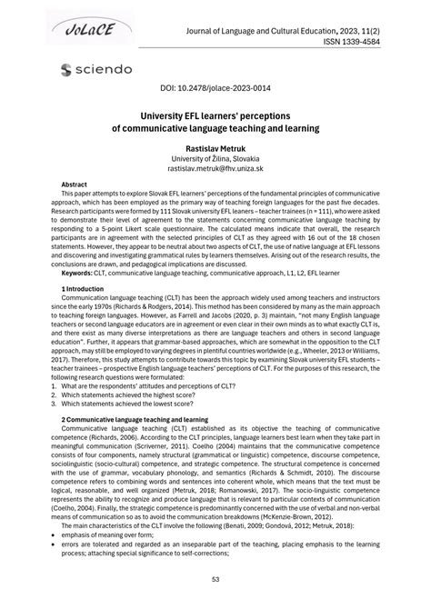 Pdf University Efl Learners Perceptions Of Communicative Language Teaching And Learning