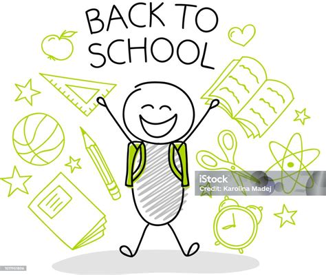 Retour À Lécole Main Stickman Dessiné Avec Des Accessoires Décole