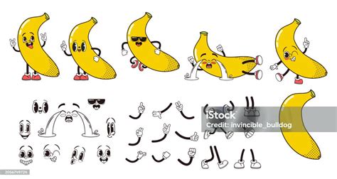 Karakter Kartun Buah Tropis Pisang Matang Bagian Tubuh Tangan Kaki Dan