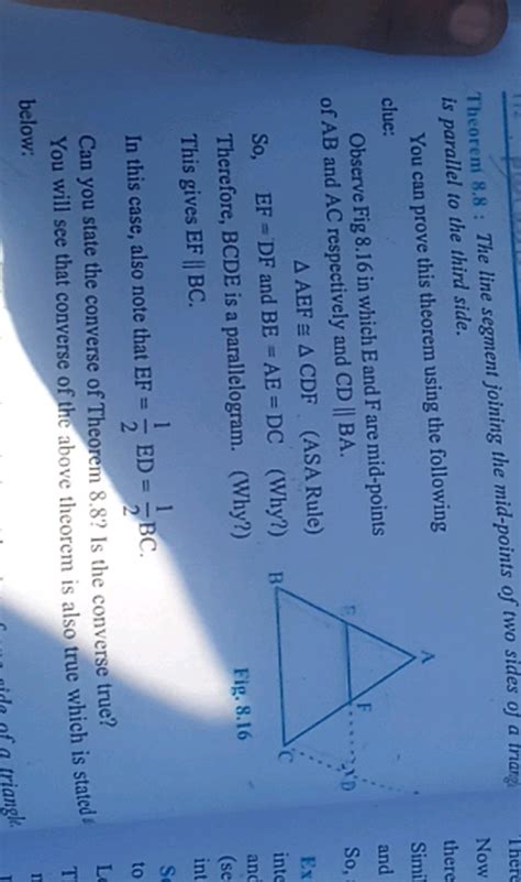 Theorem 88 The Line Segment Joining The Mid Points Of Two Sides Of A T