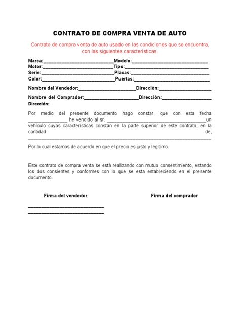 Contrato De Compra Venta De Auto Pdf