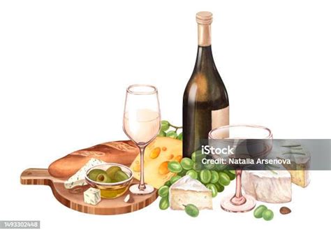 수채화 화이트 와인 병 신선하게 익은 청포도 나무 도마에 치즈 피크닉을 위해 음식 물건으로 배경을 손으로 그립니다 와인 리스트 라벨 배너 메뉴 전단지 템플릿에 대한 개념