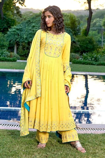 Buy Yellow Pure Georgette Embroidery Gota Patti Round Yoke Anarkali Set