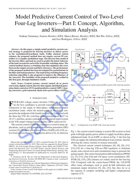 Pdf Model Predictive Current Control Of Two Level Four Leg Inverters—part I Concept