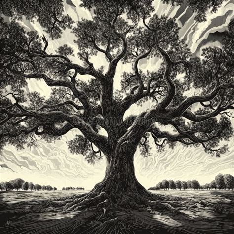 A Sprawling Oak Tree With A Lush Canopy And A Vast Network Of Roots Sketch Engraving Generative