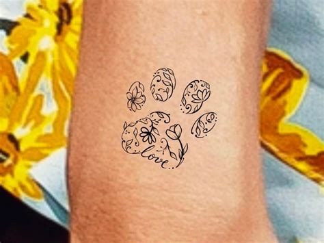 Paw Print Flowers Temporary Tattoo Paw Print Tattoo Floral Etsy