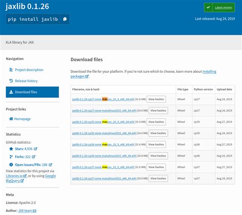 Pypi Macos Binaries Missing For Jaxlib 0126 · Issue 1254 · Jax Mljax · Github
