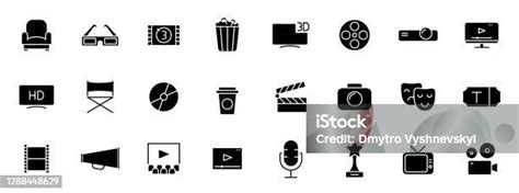 흰색으로 격리 된 영화 및 영화 실루엣 벡터 아이콘 웹 모바일 앱 Ui 디자인 및 인쇄를 위한 시네마 아이콘 세트 3차원 형태에 대한 스톡 벡터 아트 및 기타 이미지