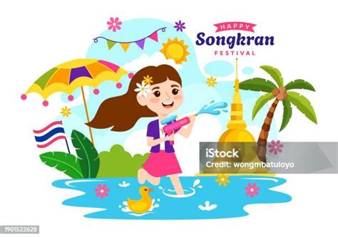 행복 한 송 크란 축제 일 벡터 일러스트 레이 션 아이 놀이 물 총 태국 축하 공휴일 평면 만화 배경 4월에 대한 스톡 벡터