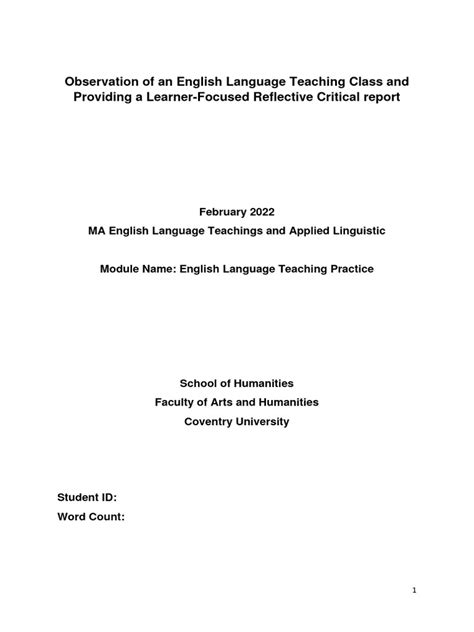 New Observation Of An English Language Teaching Class And Providing A