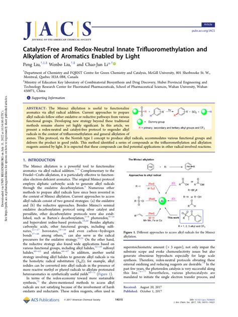 Catalyst Free And Redox Neutral Innate Trifluoromethylation And Alkylation Of Aromatics Enabled