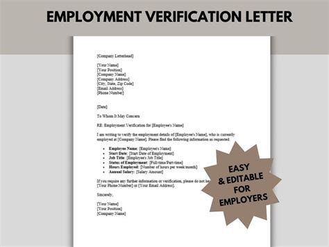 Employment Verification Letter Template Editable Employer Template Hr Resource Job
