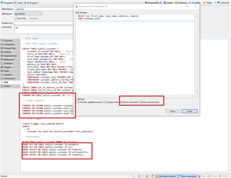Postgresql Permissions And Comments Are Not Displayed In Generated Sql