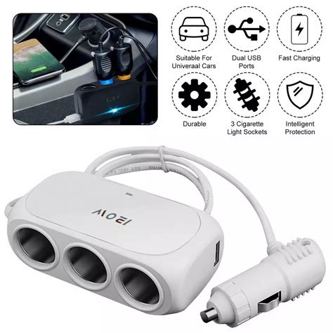3 Way Universal Car Cigarette Lighter Socket Splitter Led Dual Usb