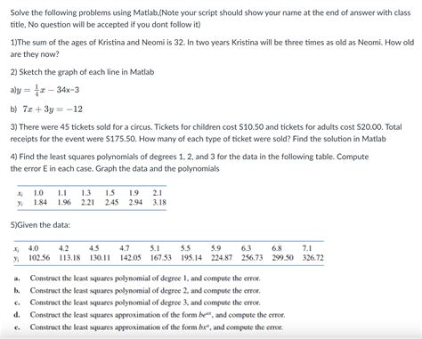 Solved Solve The Following Problems Using Matlabnote Your