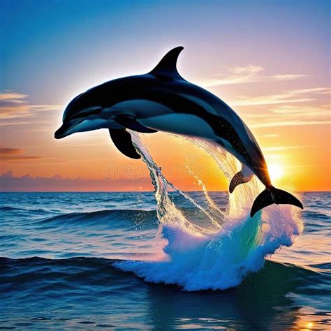Dolphin Jumping Out Of The Water At Sunset Or Sunrise Stock