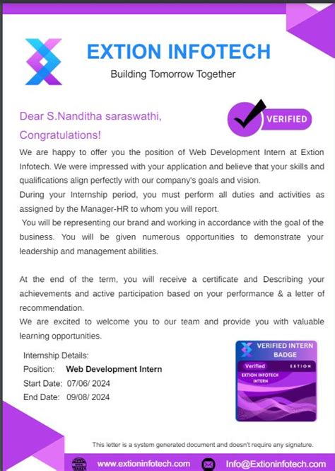 nanditha saraswathi on linkedin web development intern extion