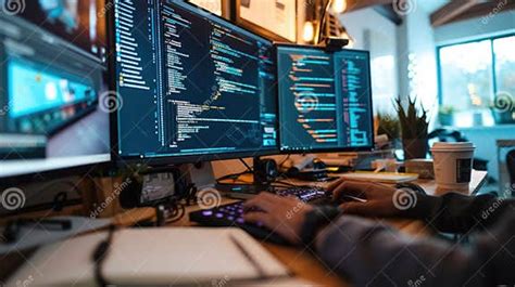 Software Developer Working On Code In Dual Monitor Setup Aig41 Stock Image Image Of